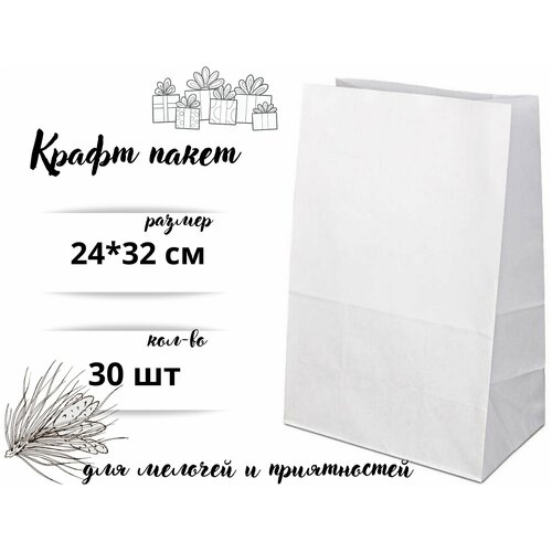 Крафт пакет бумажный без ручек, 24*32 см (глубина 11 см), 30 штук, белый.