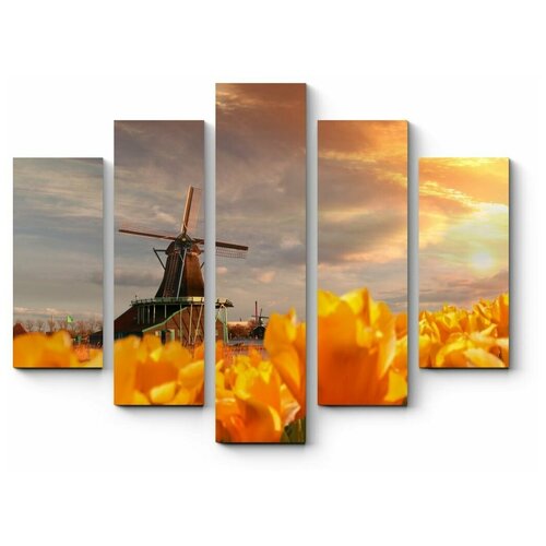 Модульная картина Ветряная мельница и желтые тюльпаны на закате 115x92