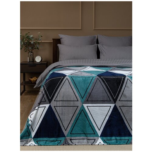Плед TexRepublic Absolute flannel 150х200 см, 1,5 спальный, велсофт, покрывало на кровать, теплый мягкий, морская волна, рисунок треугольники