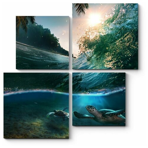 Модульная картина Зеленые черепахи, плывущие под волной90x90