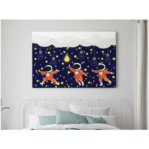 Интерьерная картина в детскую комнату "Космонавты" на натуральном хлопковом холсте, на подрамнике, размер 60 на 90 / 60х90 см