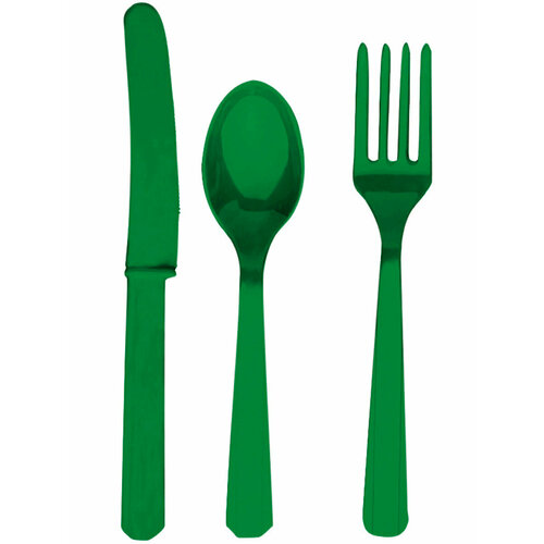 Прочные пластиковые приборы зеленые: вилка, нож, ложка, 24 шт