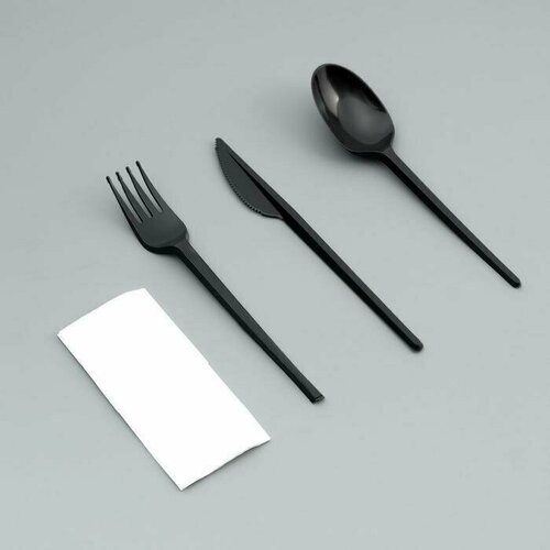 Набор одноразовой посуды Вилка, ложка, нож, салфетка черный, 16,5 см, 25 шт.