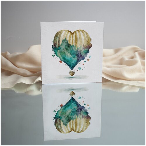 "Воздушный шар любви", авторская открытка складная 15х15 см с конвертом, на дизайнерской бумаге, весенняя валентинка на 8 марта