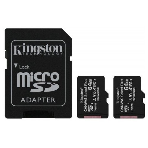 Карта памяти Kingston microSDXC 64 ГБ Class 10, V10, A1, UHS-I U1, R 100 МБ/с, адаптер на SD, 2 шт.