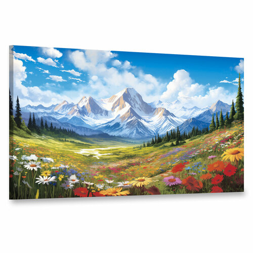 Интерьерная картина 100х60 "Горы и цветы: встреча природных чудес"