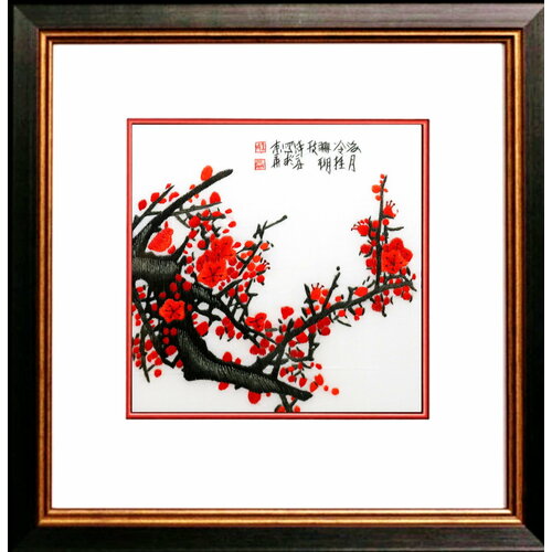 Картина вышитая шелком Бансай-сакура ручной работы/см 38х38х3/багет+паспарту