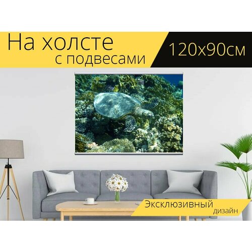 Картина на холсте "Морская черепаха, нырять, подводный" с подвесами 120х90 см. для интерьера