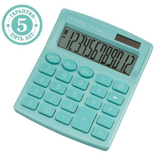 Калькулятор настольный Citizen "SDC-812NR", 12-разрядный, 124 х 102 х 25 мм, двойное питание, бирюзовый