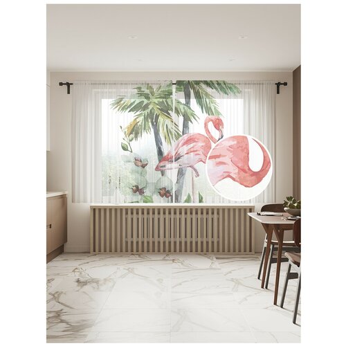 Тюль, фототюль короткий JoyArty "Фламинго под пальмой акварель" высота 180 см, ширина 145 см (2 полотна) на шторной ленте, крючки в комплекте