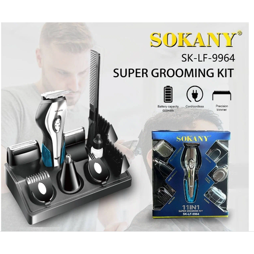Машинка для стрижки Sokany Профессиональный набор для стрижки волос SK-LF-9964/Триммер 11в1/600 mAh, серебристый, голубой