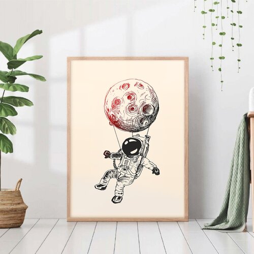 Постер без рамки "Астронавт и луна" 40 на 50 в тубусе / Картина для интерьера / Плакат / Постер на стену / Интерьерные картины
