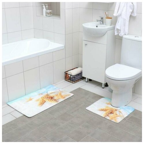 Набор ковриков для ванной и туалета Звeзды на песке, 2 шт: 37x45, 45x75 см