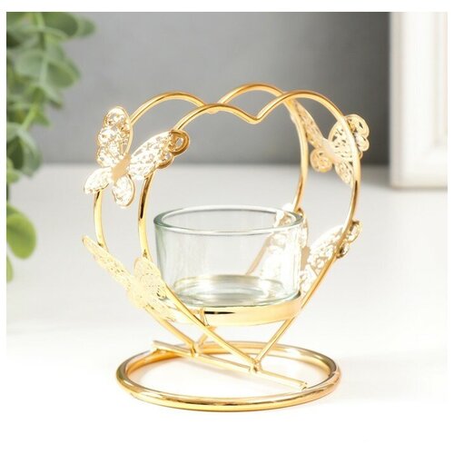 Подсвечник металл, стекло на 1 свечу "Сердце с бабочками" d-4 см золото 7,5х10х10 см