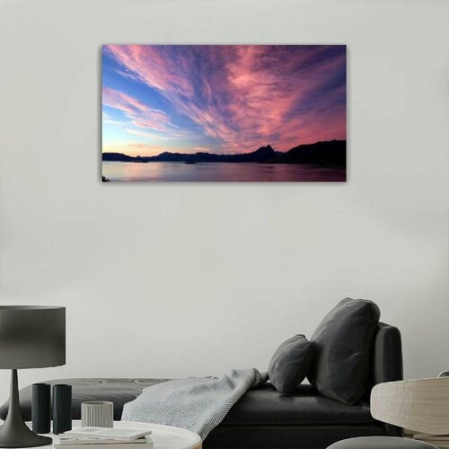 Картина на холсте 60x110 LinxOne "Обои рассвет море горы" интерьерная для дома / на стену / на кухню / с подрамником