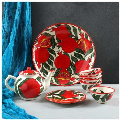 Набор чайный Риштанская керамика "Гранат", 9 предметов (Чайник-0,8л, пиалы-0,5/0,3л)