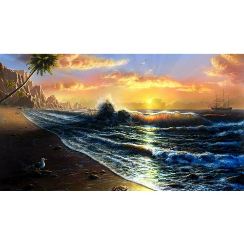 Картина на холсте 60x110 Альянс Лес "Море корабль закат парусник волны" на подрамнике / интерьер/ декор