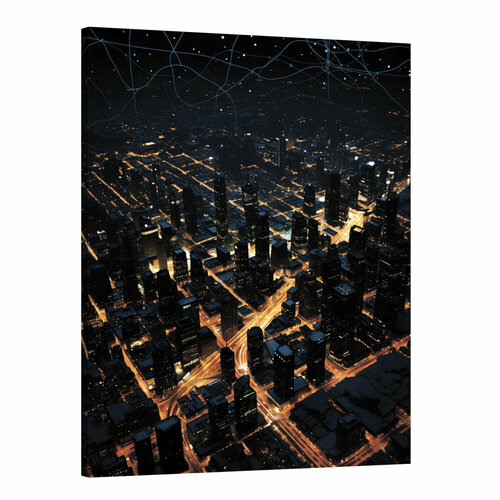 Интерьерная картина 50х70 "Пейзаж с городом и ночными огнями"