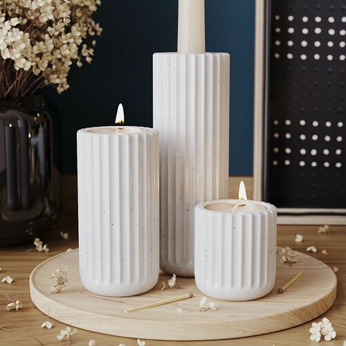 Набор подсвечников Chloe Slim S, M, L для столовых и чайных свечей (всего 3 шт.), бетон, белый глянцевый