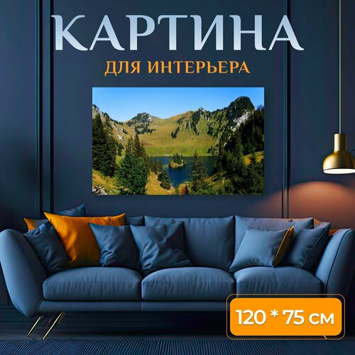 Картина на холсте "Горное озеро, горы, оберланд" на подрамнике 120х75 см. для интерьера