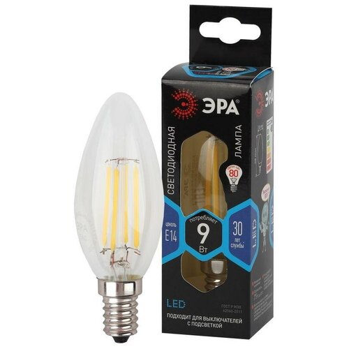 Лампа светодиодная филаментная F-LED B35-9W-840-E14 9Вт B35 свеча 4000К нейтр. бел. E14 | код. Б0046995 | Эра (25шт. в упак.)