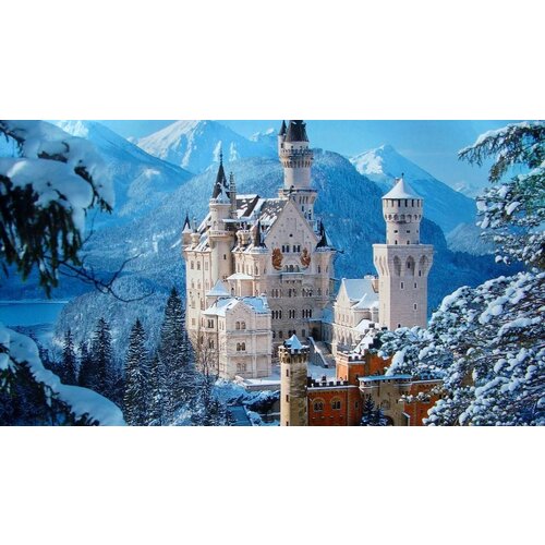 Картина на холсте 60x110 LinxOne "Зима замок бавария" интерьерная для дома / на стену / на кухню / с подрамником