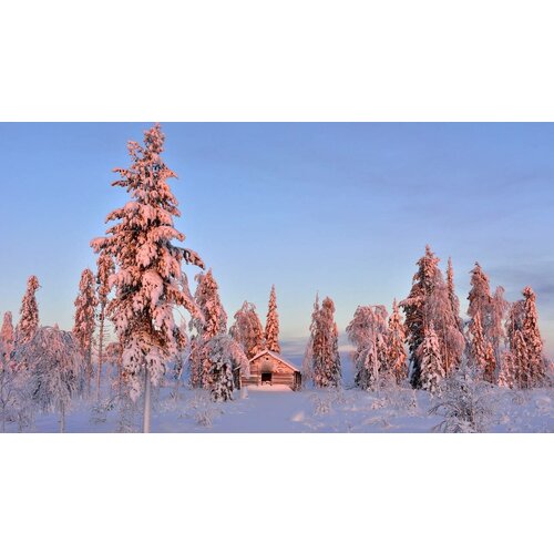 Картина на холсте 60x110 LinxOne "Зима снег сарай освещение деревья" интерьерная для дома / на стену / на кухню / с подрамником