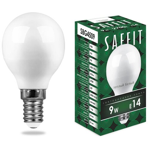 Лампочка светодиодная шар E14/G45 9Вт 810Лм белый теплый 2700К, 55080