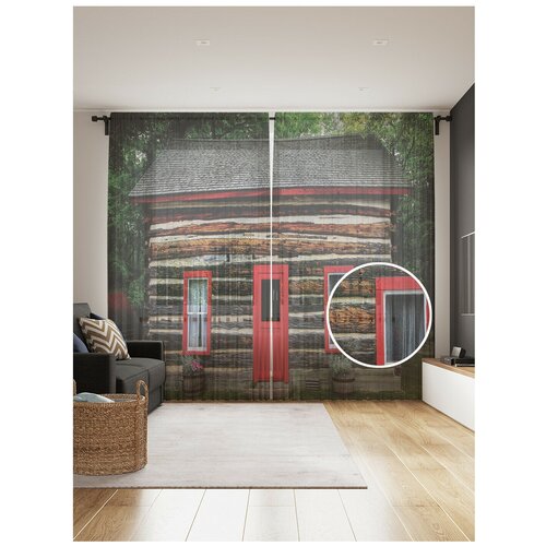 Тюль, фототюль длинный JoyArty "Дом с красной дверью" высота 265 см, ширина 145 см (2 полотна) на шторной ленте, крючки в комплекте