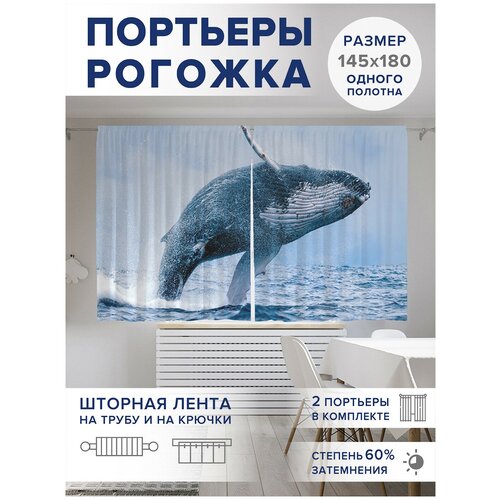 Фотошторы для кухни и спальни JoyArty Oxford DeLuxe "Прыжок кита", 2 полотна со шторной лентой шириной по 145 см, высота 180 см