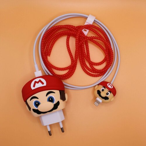 Комплект с обмоткой-спиралью для кабеля и защитный чехол для зарядки / защита кабеля от излома / Супер Марио Mario (красный)