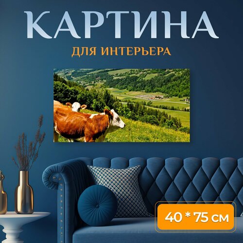 Картина на холсте "Корова, луг, австрия" на подрамнике 75х40 см. для интерьера