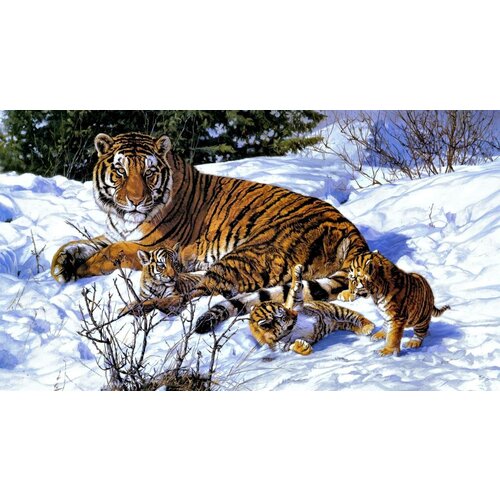 Картина на холсте 60x110 LinxOne "Тигрица снег тигры тигрята зима" интерьерная для дома / на стену / на кухню / с подрамником