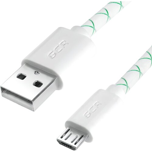 GCR Кабель 0.3m MicroUSB, бело-зеленый, белые коннекторы, быстрая зарядка, 28/24 AWG