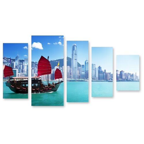 Модульная картина на холсте "Алые паруса в Гонконге" 150x86 см