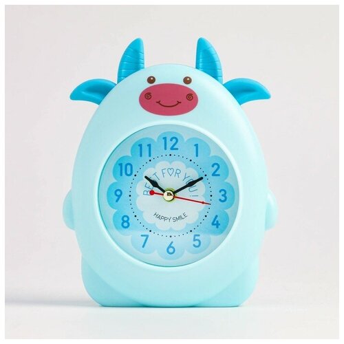 Часы - будильник настольные "Голубой бычок" детские, дискретный ход, d-8 см, 12 х 18 см, АА