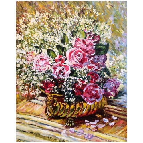 Картина маслом на холсте "Розы в вазе" 50 на 40см, Ручная работа, Цветы Клода Моне