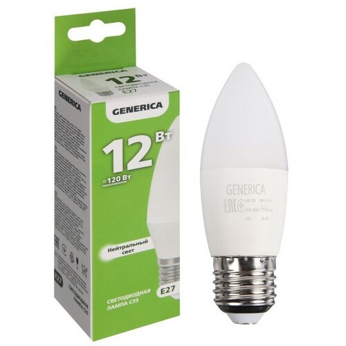 Лампа светодиодная GENERICA C35, 12 Вт, свеча, 4000 К, E27, 230 В, LL-C35-12-230-40-E27-G