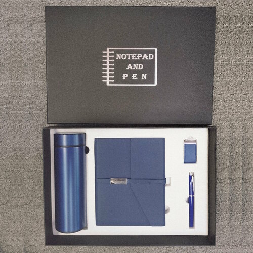 Подарочный набор: термос + ежедневник + флэшка + ручка, синий цвет