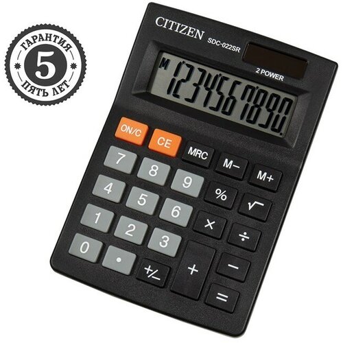 Калькулятор настольный Citizen "SDC-022SR", 10-разрядный, 88 х 127 х 23 мм, двойное питание, черный, материал пластик