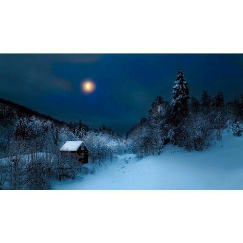Картина на холсте 60x110 LinxOne "Ночь одинокий сугробы дом луна" интерьерная для дома / на стену / на кухню / с подрамником