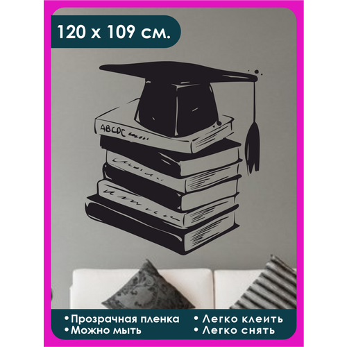 Наклейка для интерьера "Стопа книг / квадратная шапочка с кисточкой и силуэт книги"