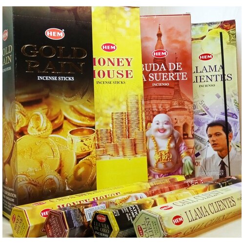 Благовония набор «Привлечение Богатства, Денег" аромапалочки 4 упаковки HEM (ХЕМ) Индия (Money House, Lucky Budda, Call Client, Gold Rain)