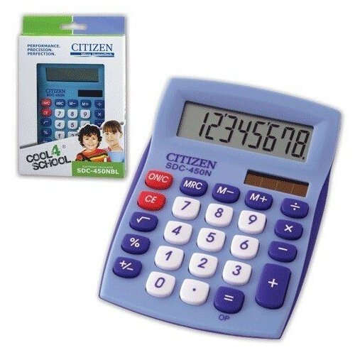 Калькулятор настольный CITIZEN SDC-450NBLCFS, компактный (120x87 мм), 8 разрядов, двойное питание, синий, 1 шт.