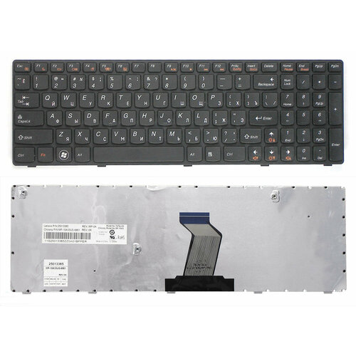 Клавиатура для ноутбука Lenovo IdeaPad Z570 черная с черной рамкой, ножка крепежа в отдалении от шлейфа