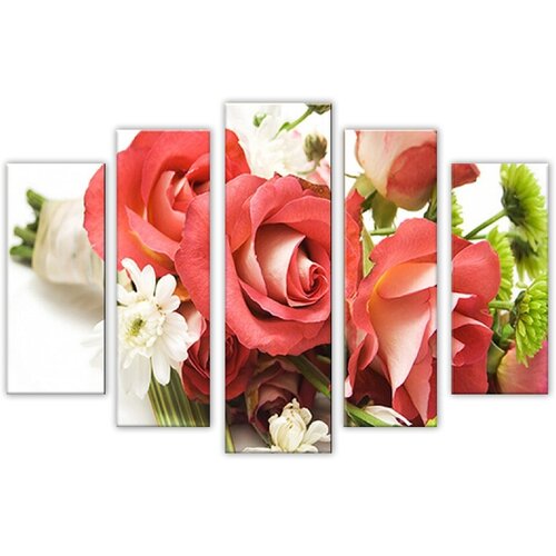 Модульная картина для интерьера на натуральном холсте на стену "Розы и хризантемы / Цветы" 80х140см М972