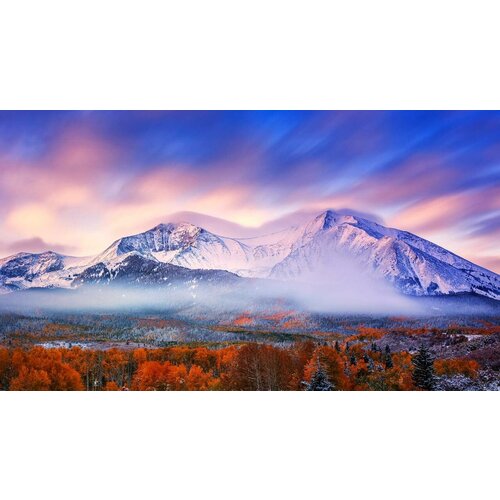 Картина на холсте 60x110 LinxOne "Осень небо снег горы лес" интерьерная для дома / на стену / на кухню / с подрамником