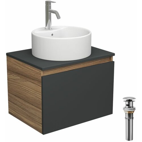 Комплект для ванной, 4 предмета (тумба Bau 60, графит + раковина BAU D40, с отв. под смеситель + смеситель Dream, выпуск клик-клак, хром)
