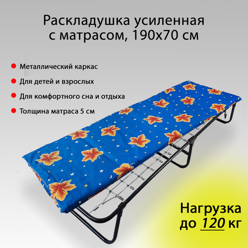 Раскладушка кровать с матрасом взрослая, усиленная, на сетке