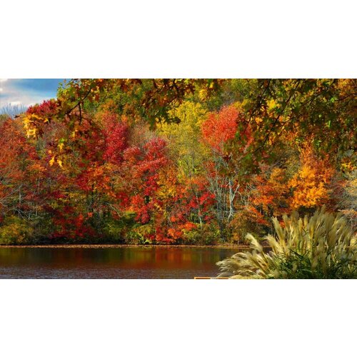 Картина на холсте 60x110 Альянс Лес "Осень скамья парк пруд" на подрамнике / интерьер/ декор